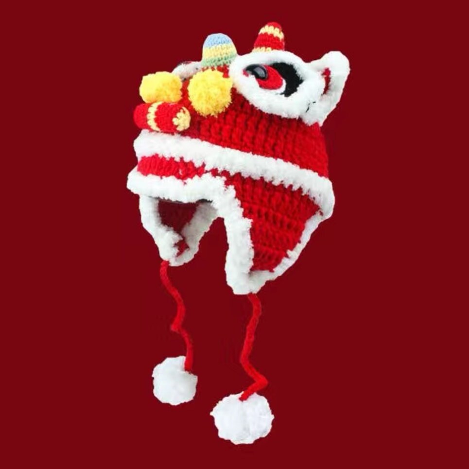 Handmade Crochet Cute CNY Lion Head Dance Beanie Hat Chinese New Year ...