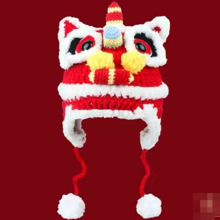 Handmade Crochet Cute CNY Lion Head Dance Beanie Hat Chinese New Year ...