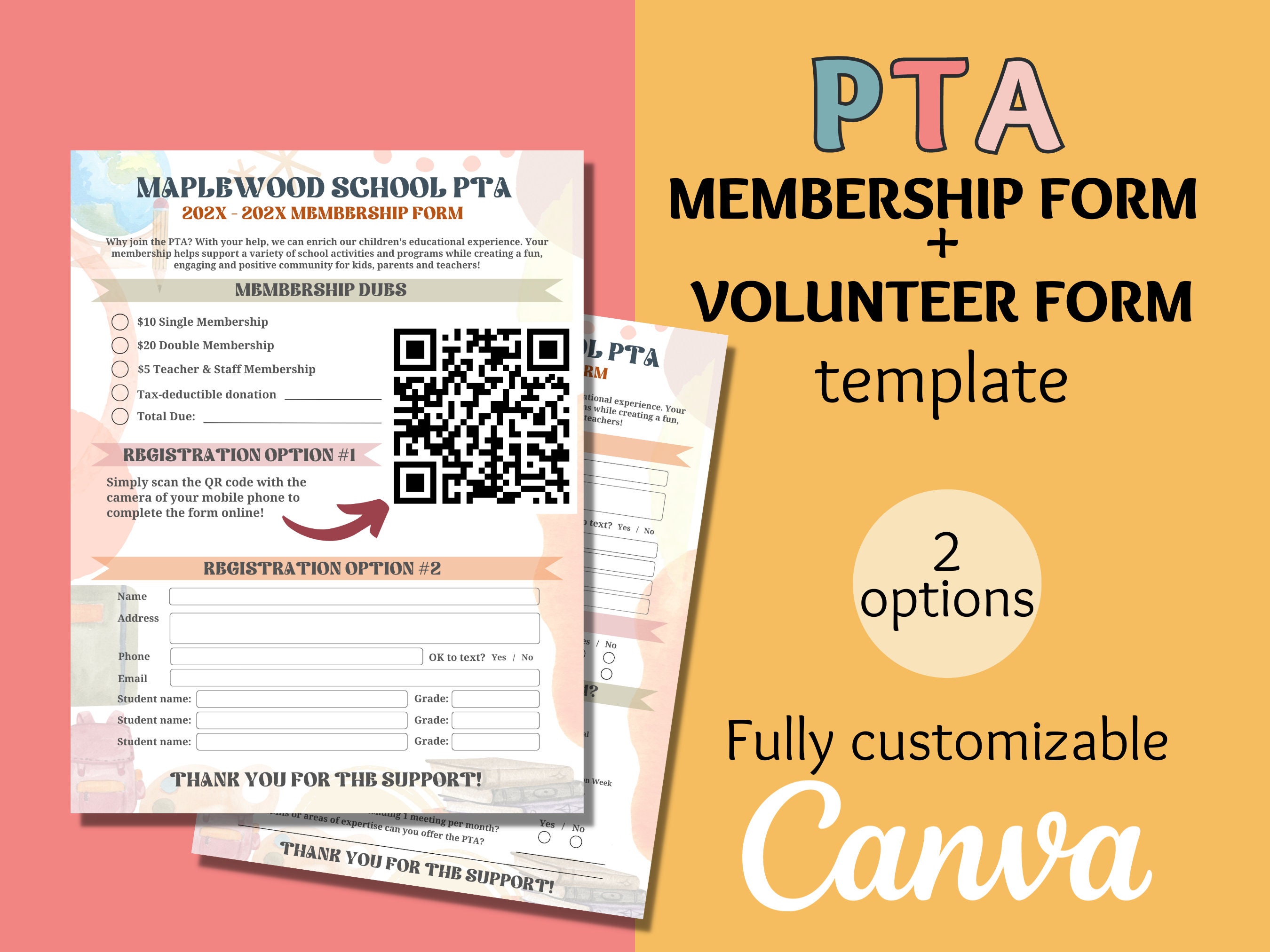 Editable PTA / PTO Membership Form and Volunteer Form, PTA Membership ...