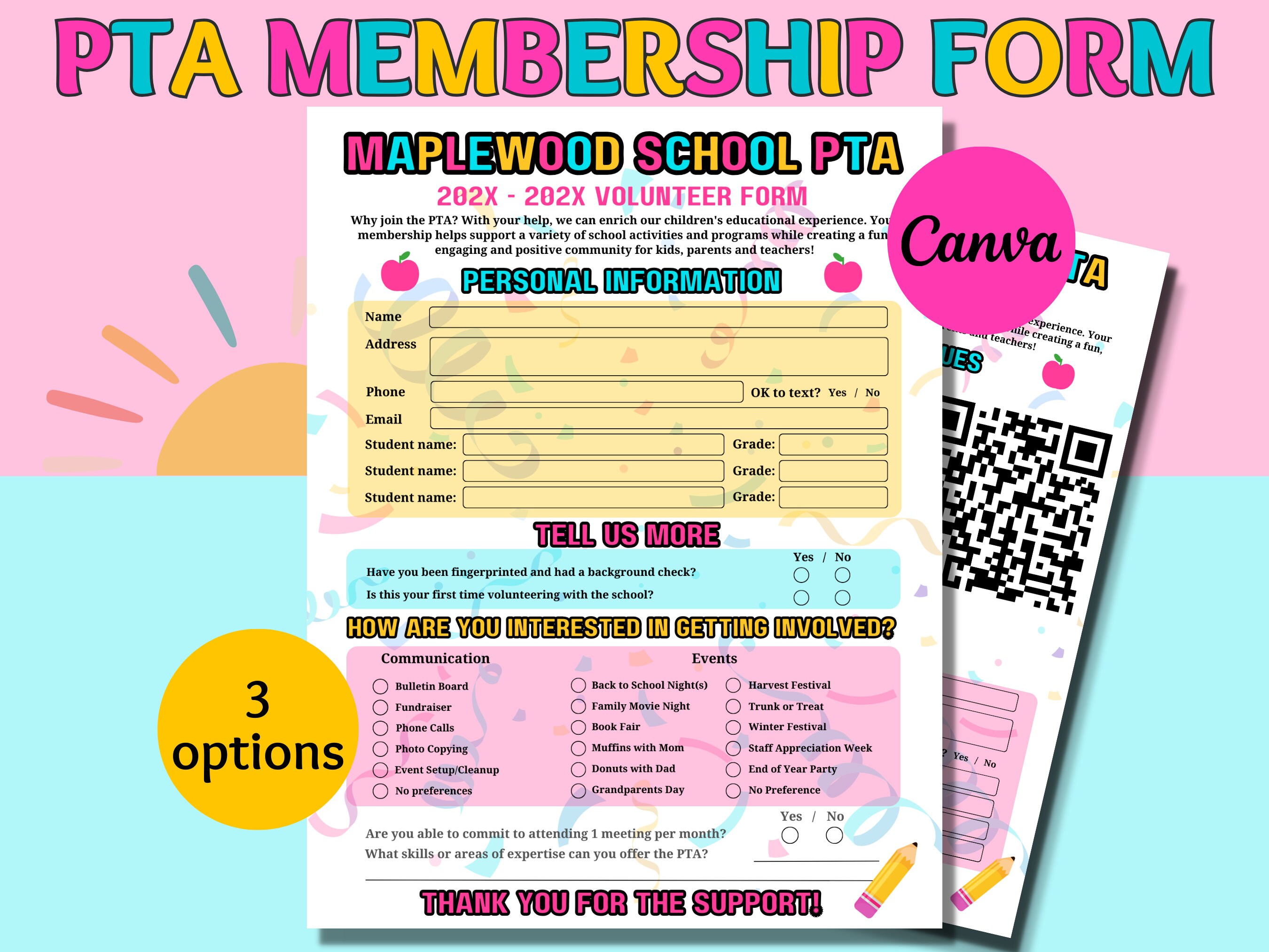 Editable PTA/PTO Membership and Volunteer Form PTA Hand Out - Etsy