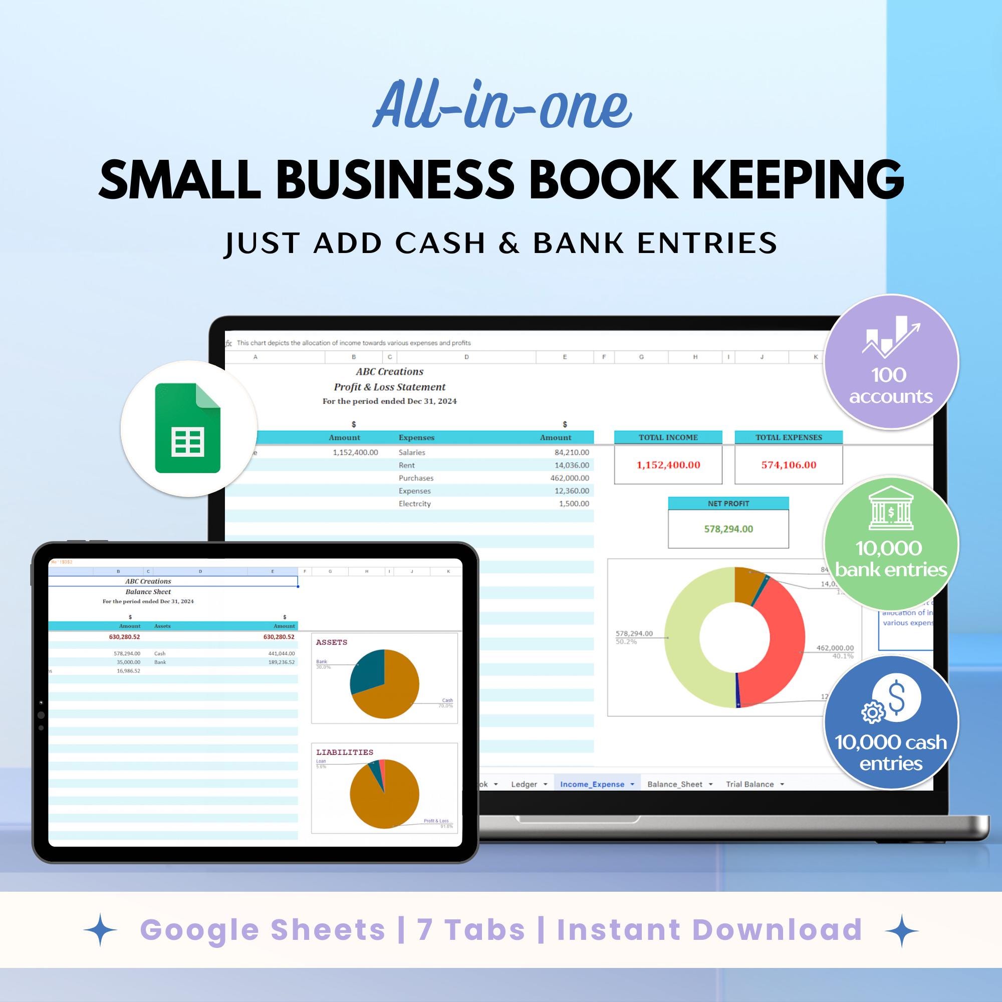 Small Business Bookkeeping Template, Google Sheets, Business Income ...