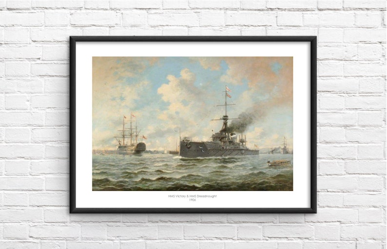 HMS Dreadnought & HMS Victory 1906 Painting Reproduction Framed Print ...