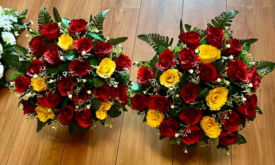 Pair of Flat Back Grave Pots Red and Yellow Roses Memorial Cemetery ...