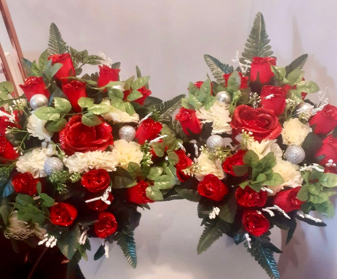 Pair of Flat Back Glittered Grave Pots Red White and Silver - Etsy