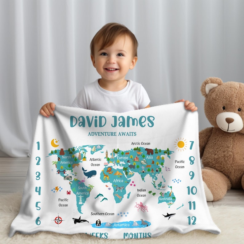 Manta personalizada con mapa del mundo y hitos, decoración de guardería ...