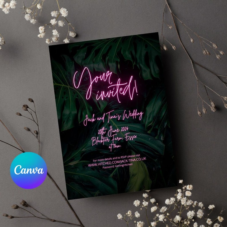 Unique Wedding Invitation Canva Template | Neon Light Wedding ...