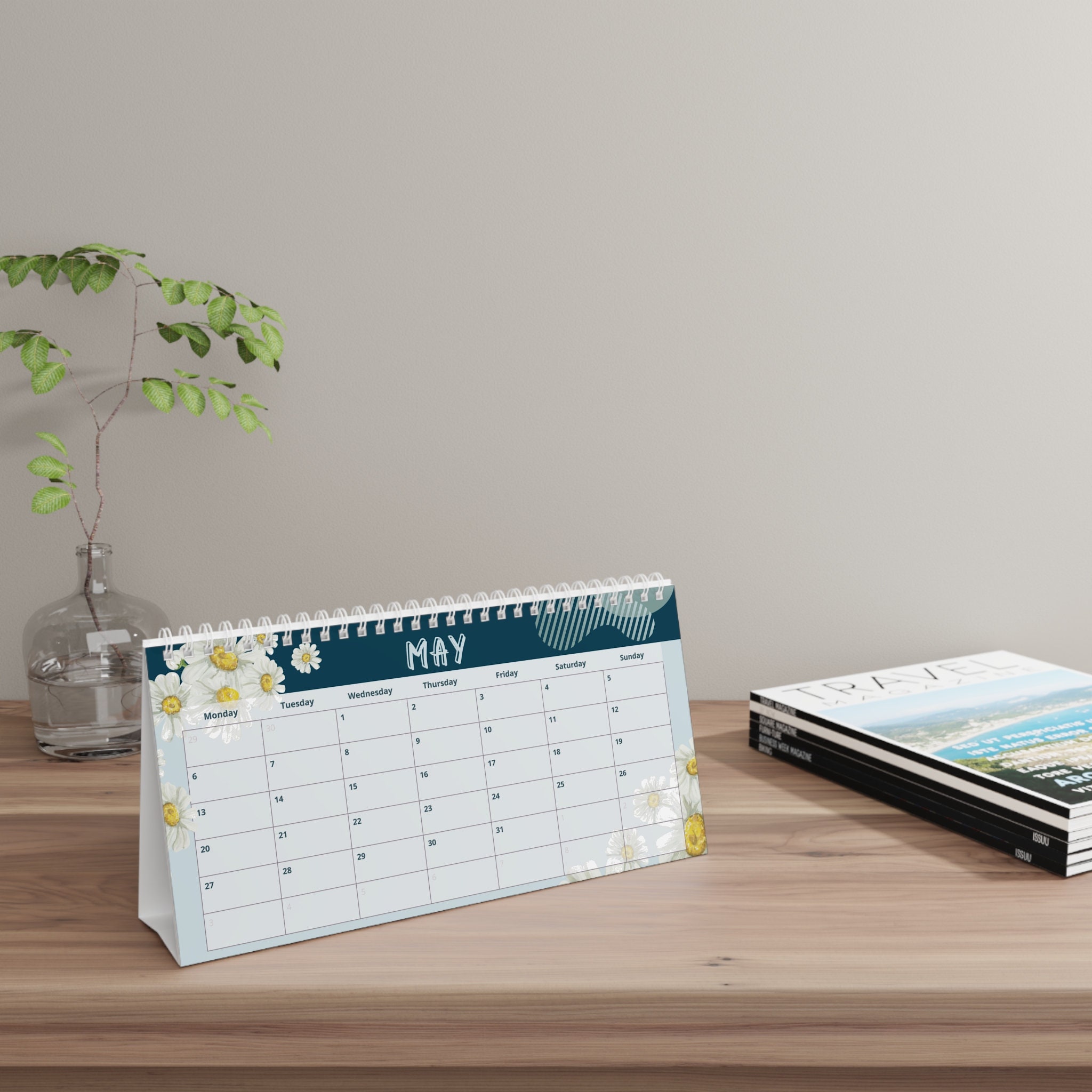Daisy 2024 Desk Calendar With Stand, Floral Flower Design 250gsm White ...