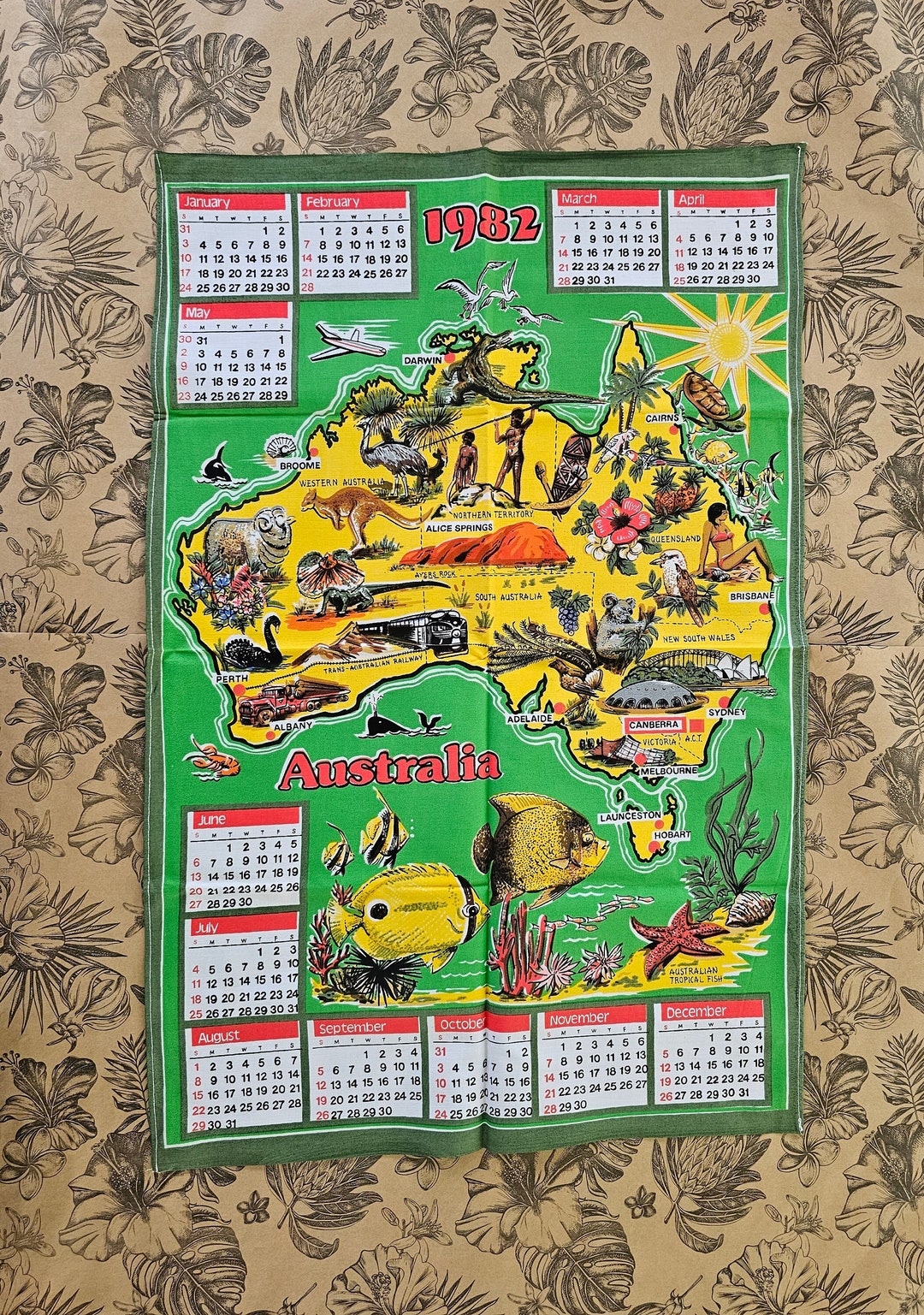 Vintage Tea Towel. Retro 1982 Calendar Souvenir Australia Towel ...