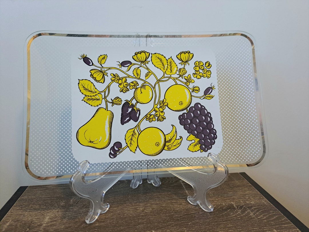 Vintage Rectangular Glass Tray With Fruit Motif, Gold Edge. Yellow and ...