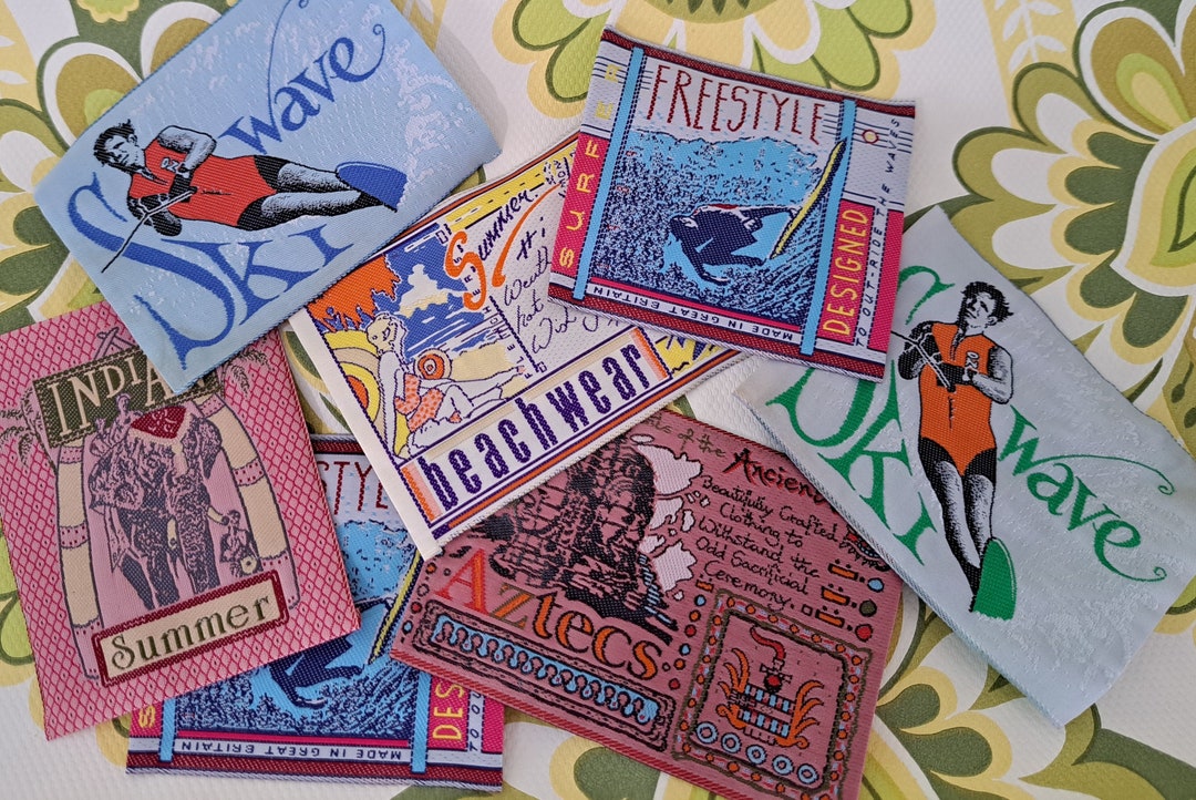 Vintage Clothing Labels, Tags. Retro Woven Patches Clothes Tags. Surf ...