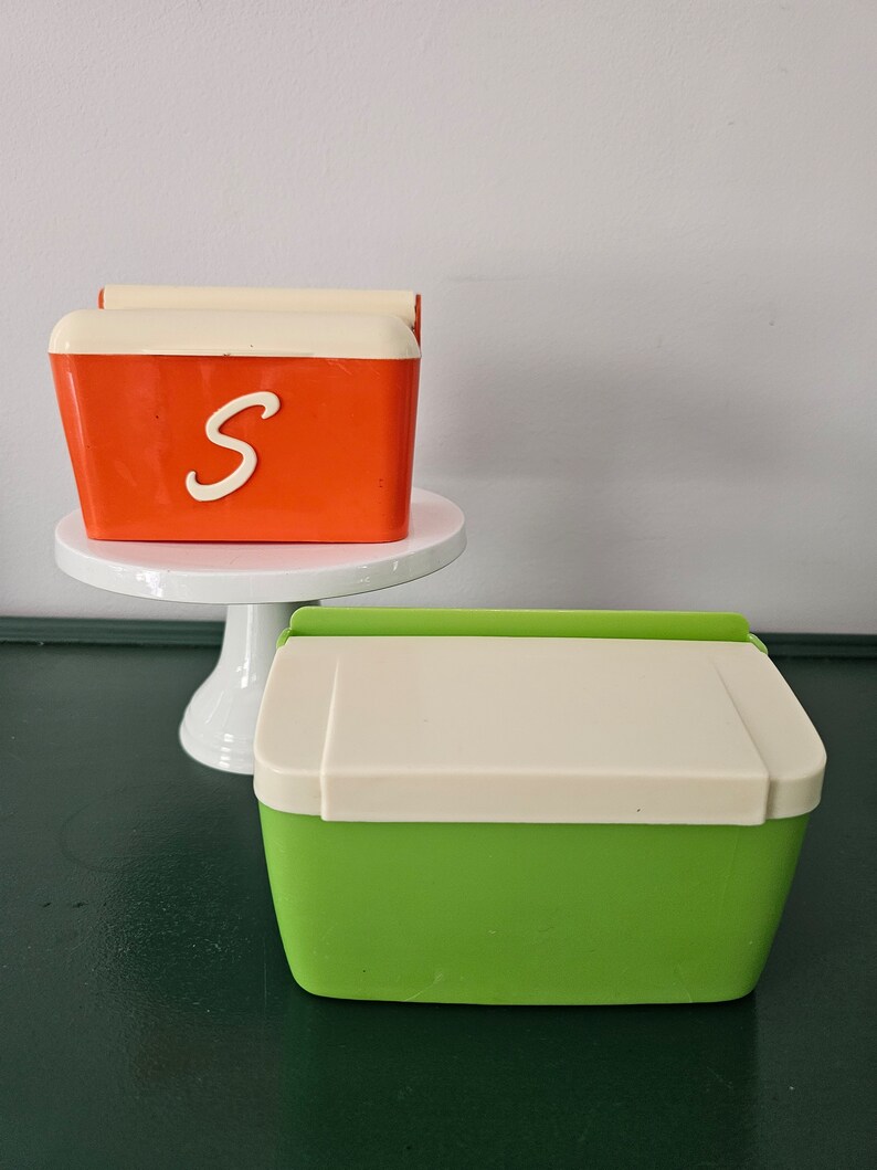 Vintage Melamine Plastic Salt Boxes. Kitchen Canisters Green and Orange ...