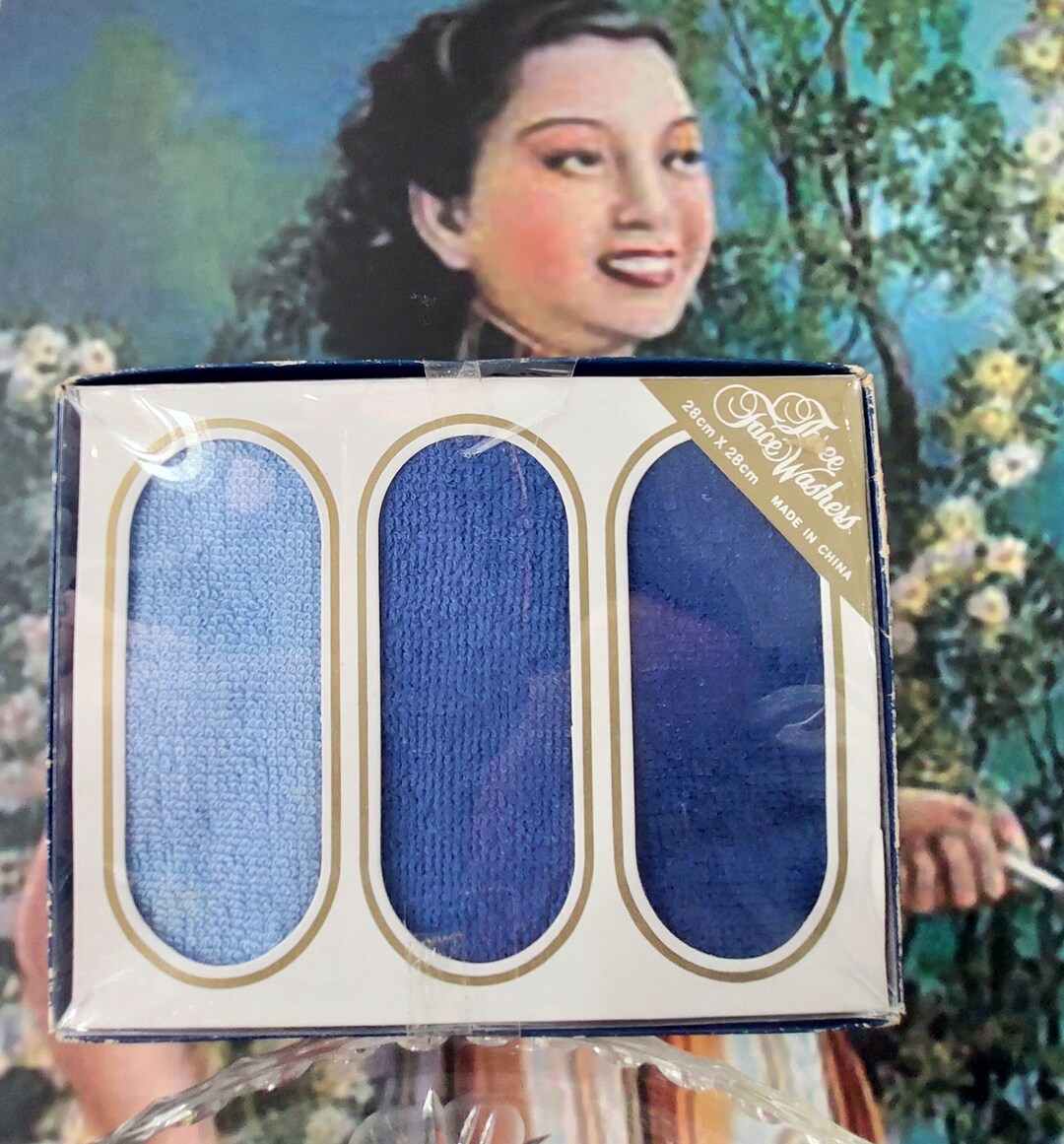 Vintage Face Washer Set Three Face Cloths. Blue Towling Face Washers ...