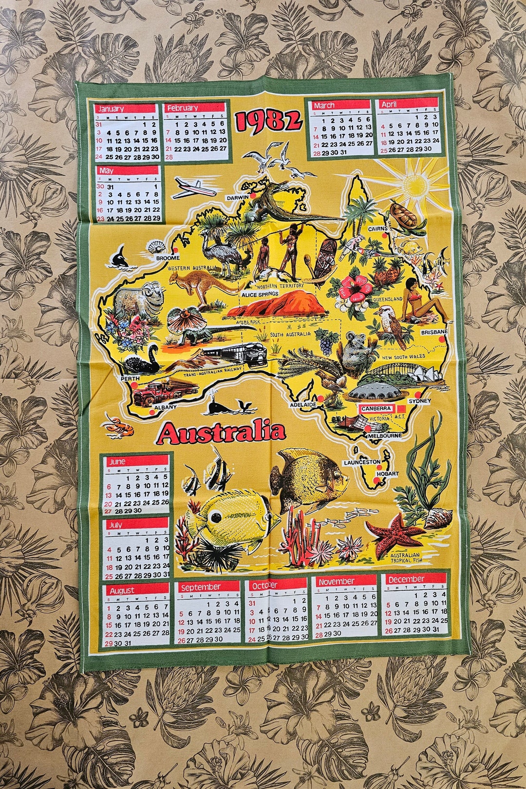 Vintage Tea Towel. Retro 1982 Calendar Souvenir Australia Towel ...