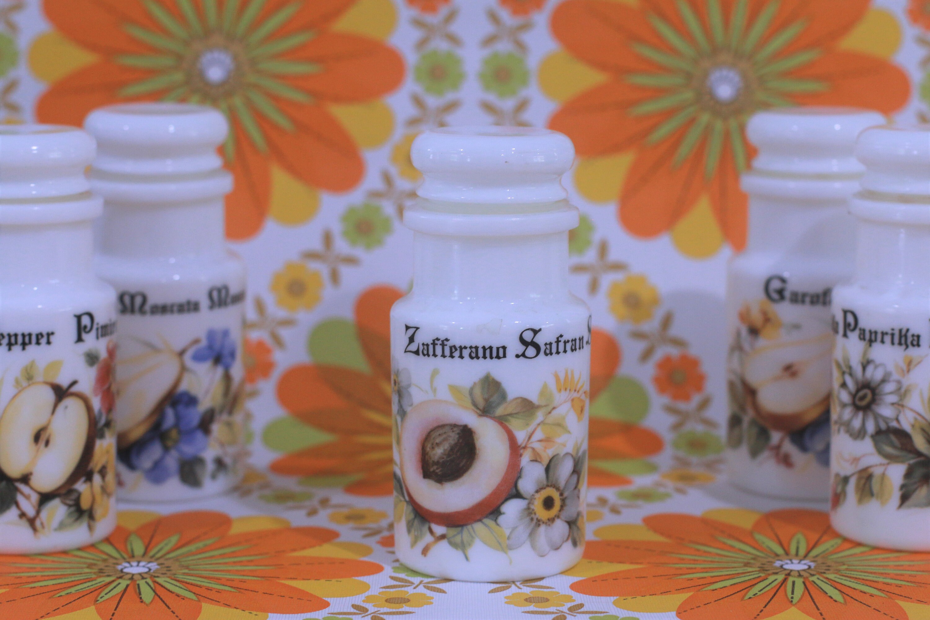 Set of 5 Vintage 1970s Milk Glass, Spice Jars. Fruit & Floral Spice ...
