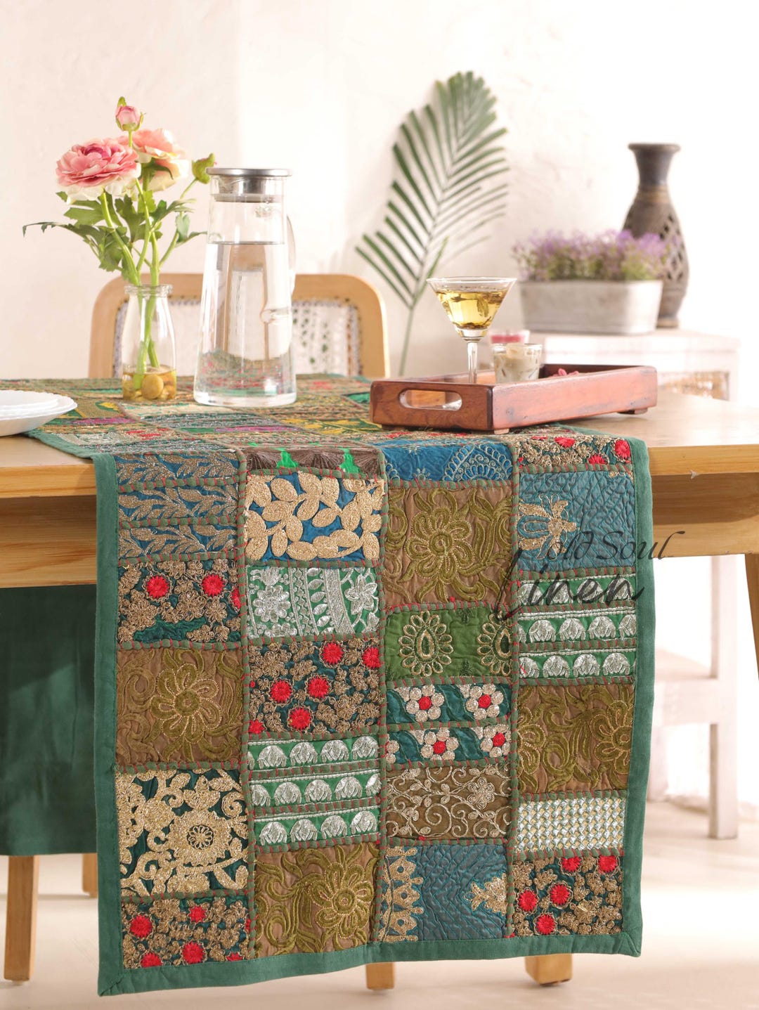 Vintage Sari Patchwork Runner, Table Runner Indian, Embroidered Runner ...