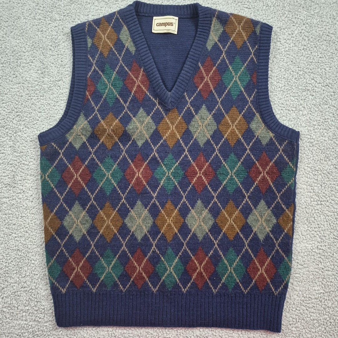 Vintage Campus Mens Argyle Vest Medium Blue - Etsy