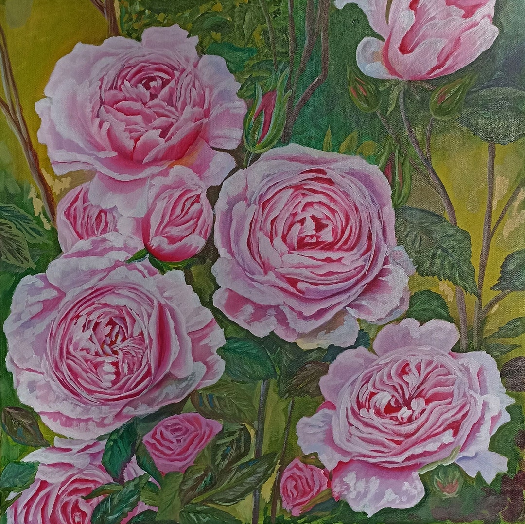 Realism Style Oil Painting on Canvas Pink English Roses Flowers Floral ...