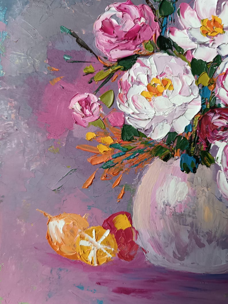 Impasto Original Abstract Still Life With Flowers Handmade Oil Painting ...