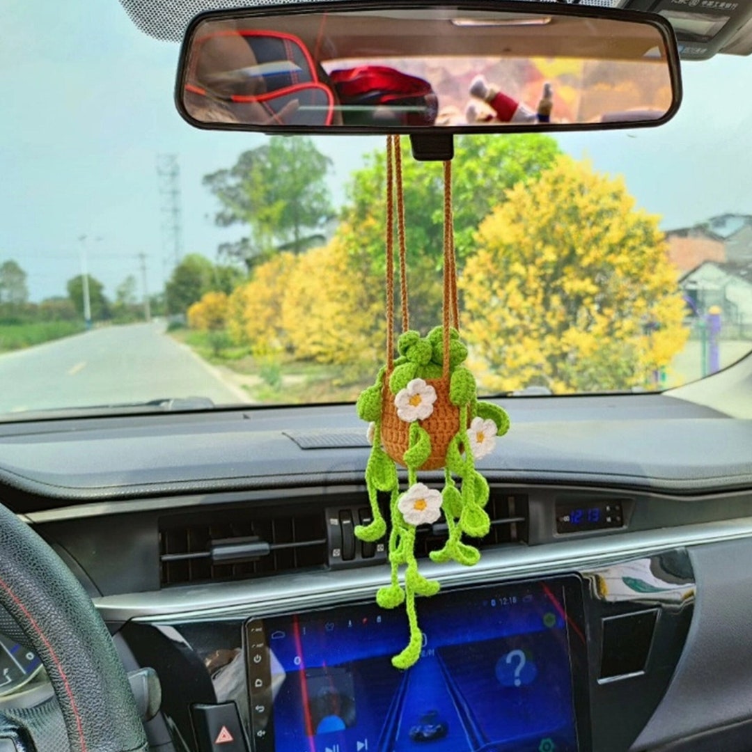 Crochet Daisy Car Charm, Car Crochet Plant Accessory, Crochet Pot ...