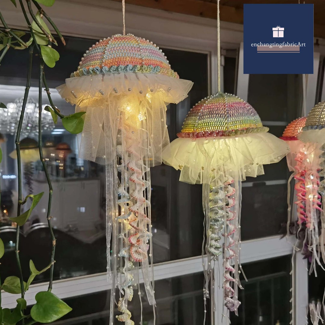 Crochet Jellyfish Lamp, Crochet Jellyfish Hanging Lamp, Handmade ...