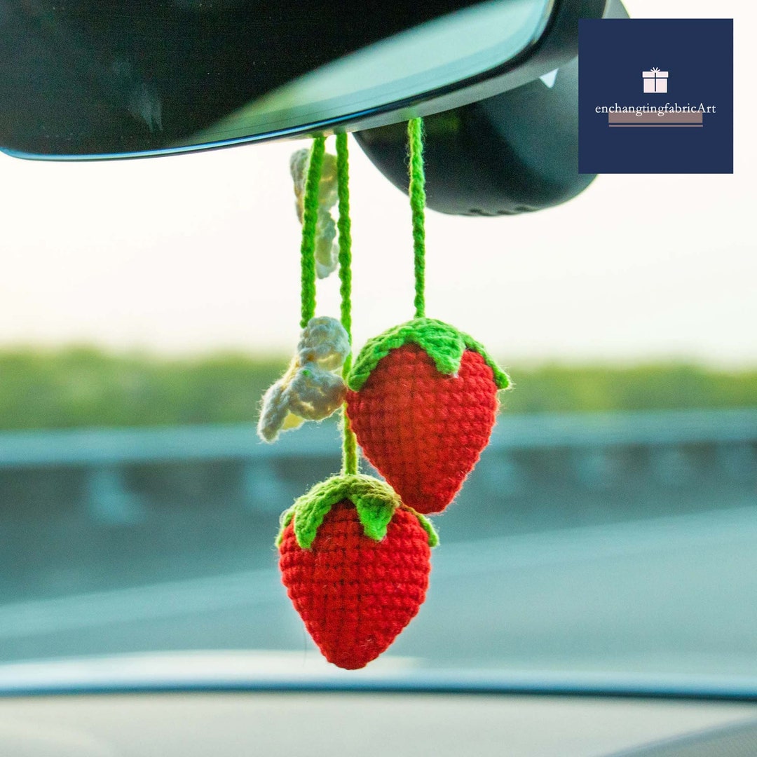 Super Cute Strawberry Fruit Car Decor, Crochet Red Strawberry Car ...