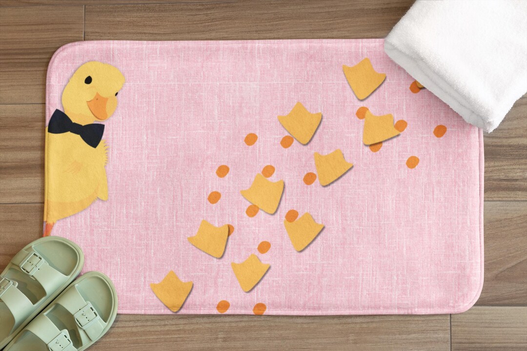 Yellow Duck Bath Mat | Pink Background, Rubber Duck Footprints, Quick ...