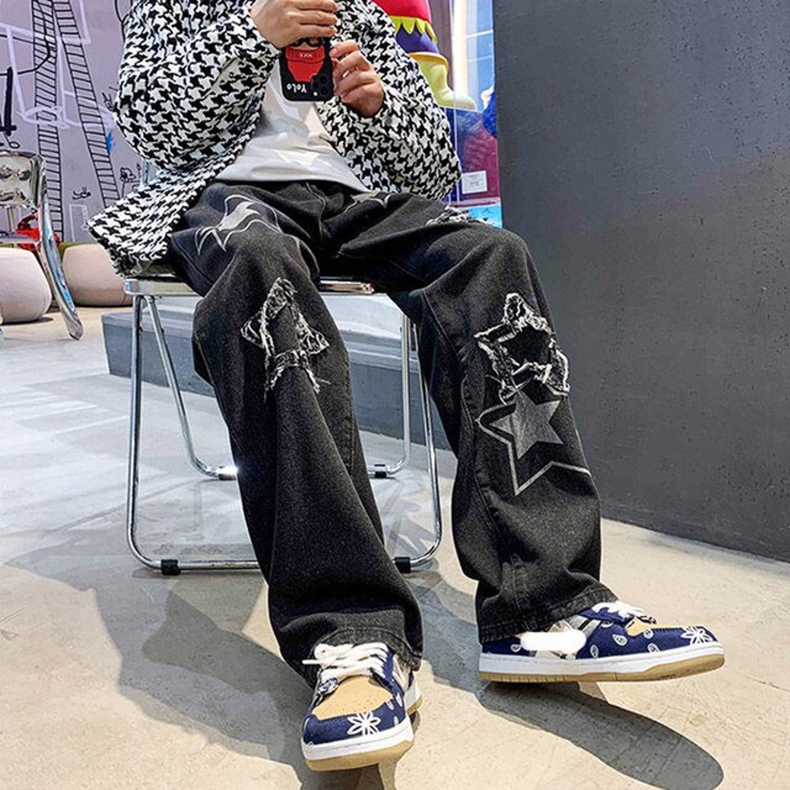 Star Printed Patchwork Baggy Jeans Denim Straight Wide Leg - Etsy