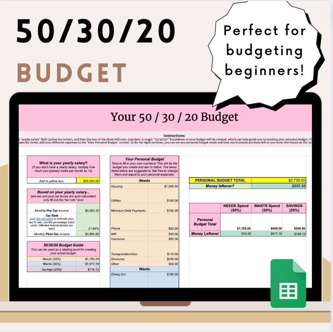 50/30/20 Budgeting Tool: Digital Download on Google Sheets for Easy ...