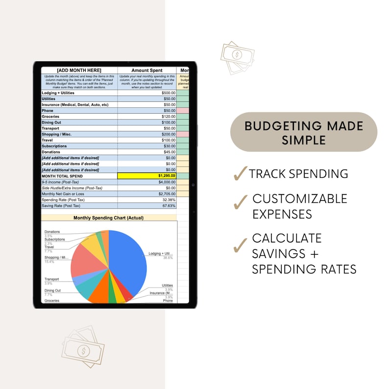 Simple Monthly Budget & Spending Tracker, Budgeting Template, Budget ...