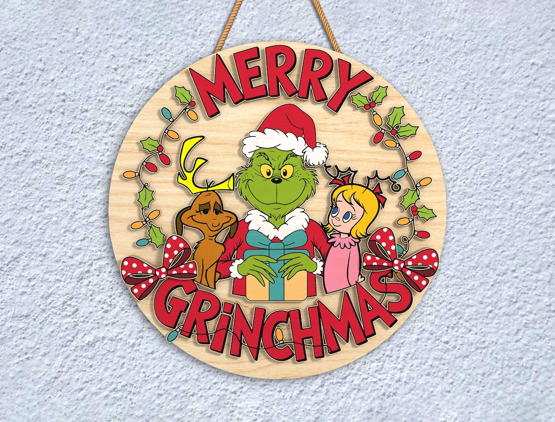 Funny Green Christmas Door Sign SVG Bundle, Holiday Cartoon Round Sign ...