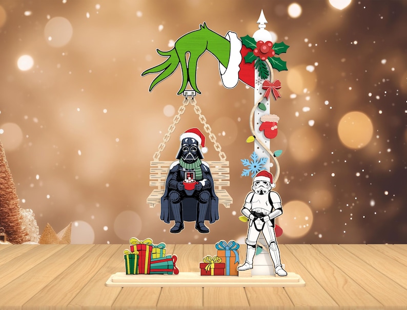 Space Villain & Trooper on Swing Laser SVG, Galactic Christmas Shelf ...