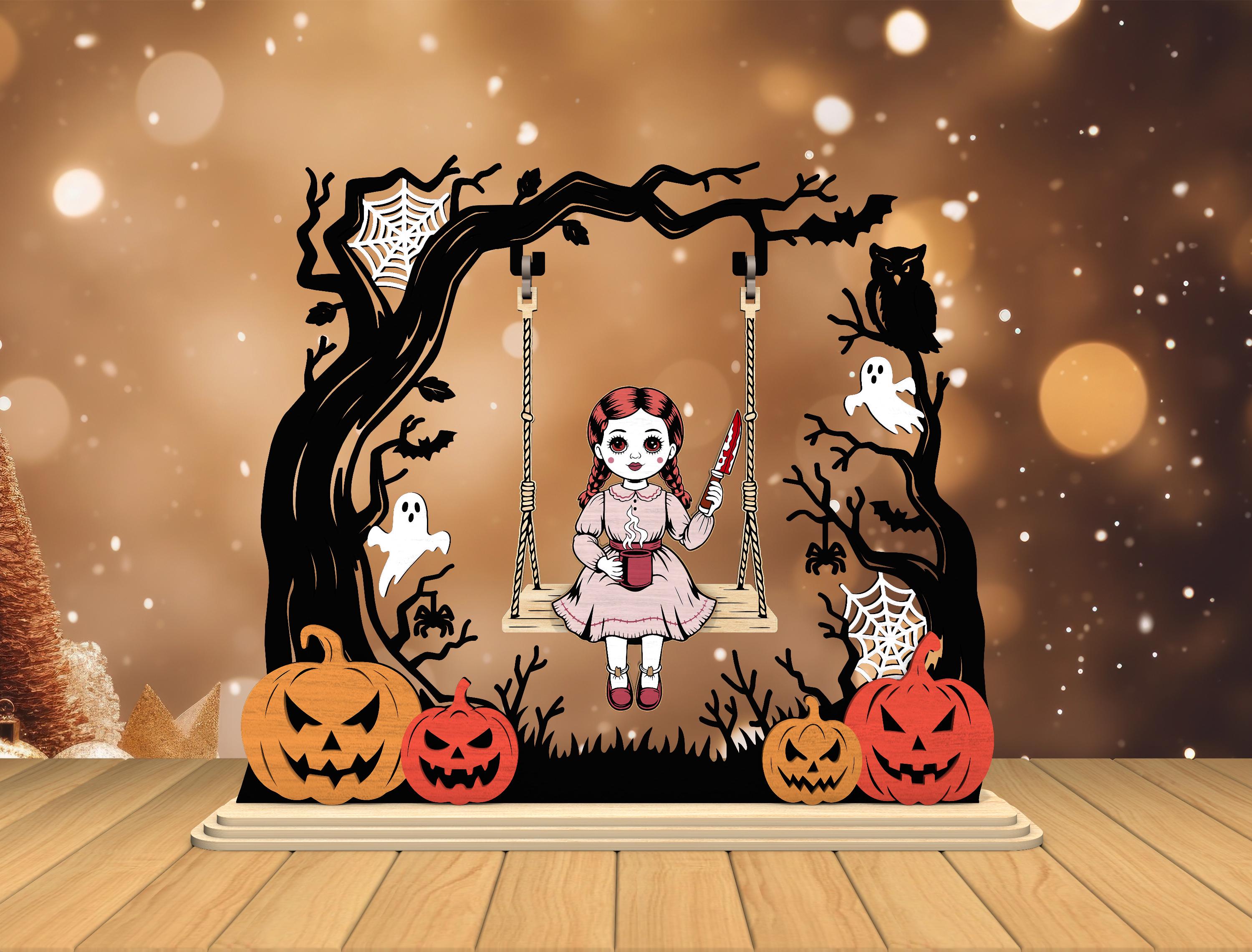 Horror Characters on Swing 3D Laser Cut SVG Bundle, Halloween Table ...