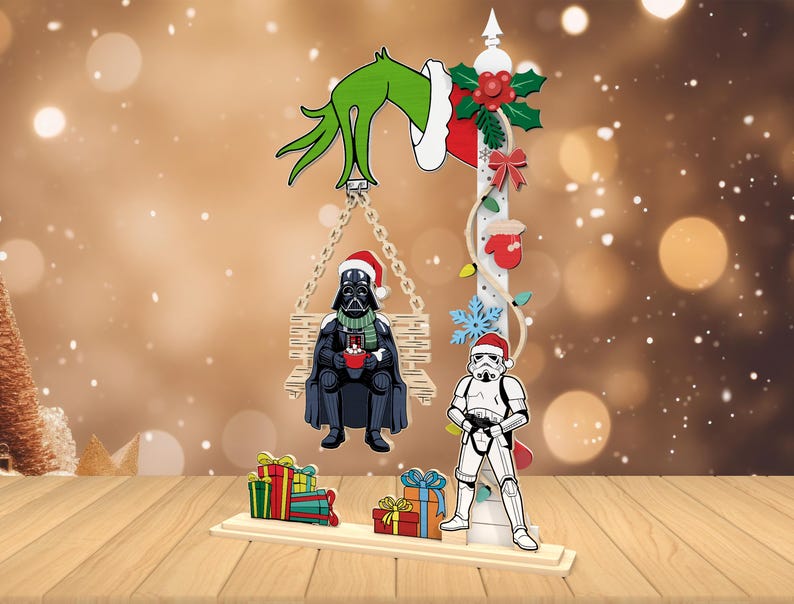 Space Villain & Trooper on Swing Laser SVG, Galactic Christmas Shelf ...