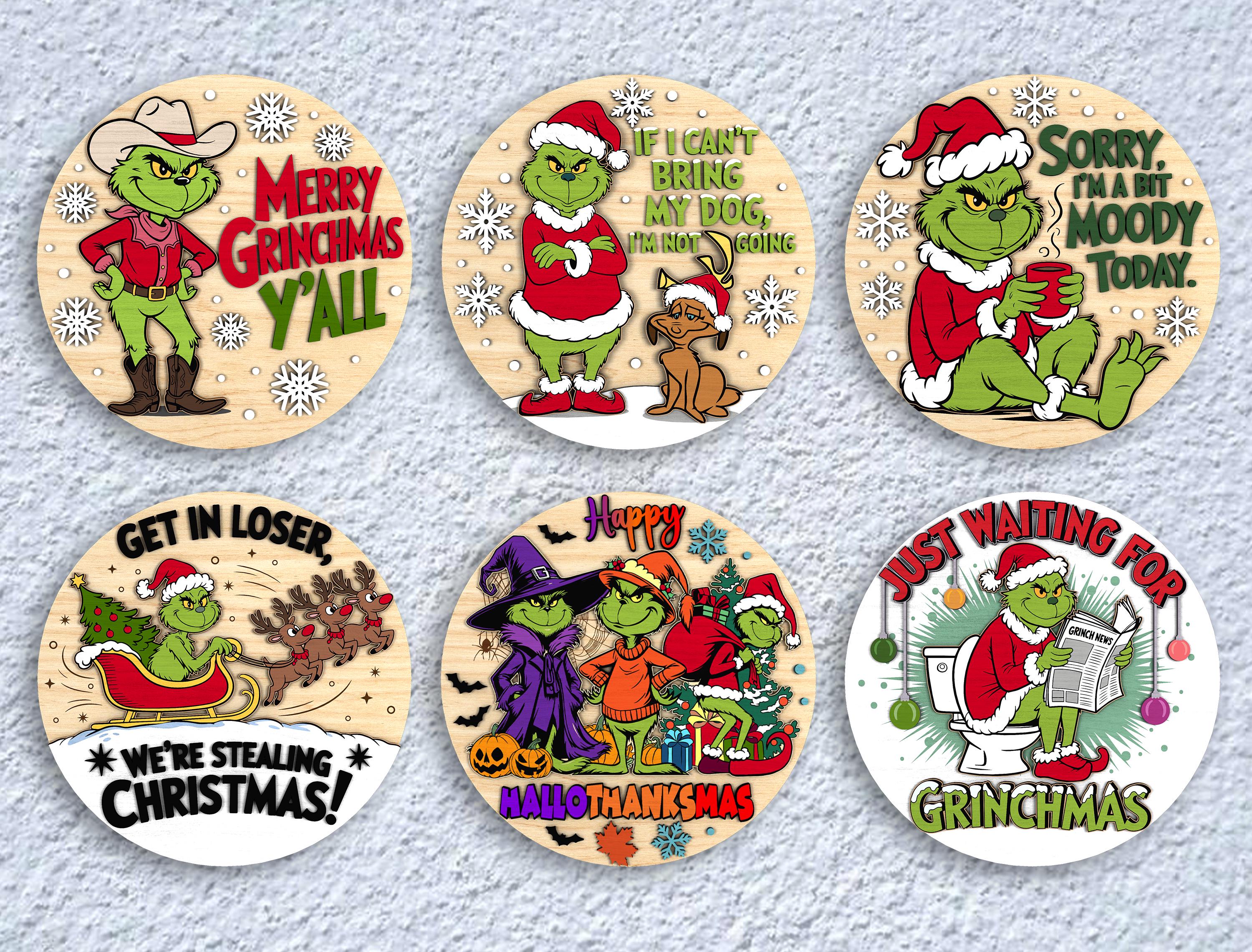 Funny Green Christmas Door Sign SVG Bundle, Holiday Cartoon Round Sign ...
