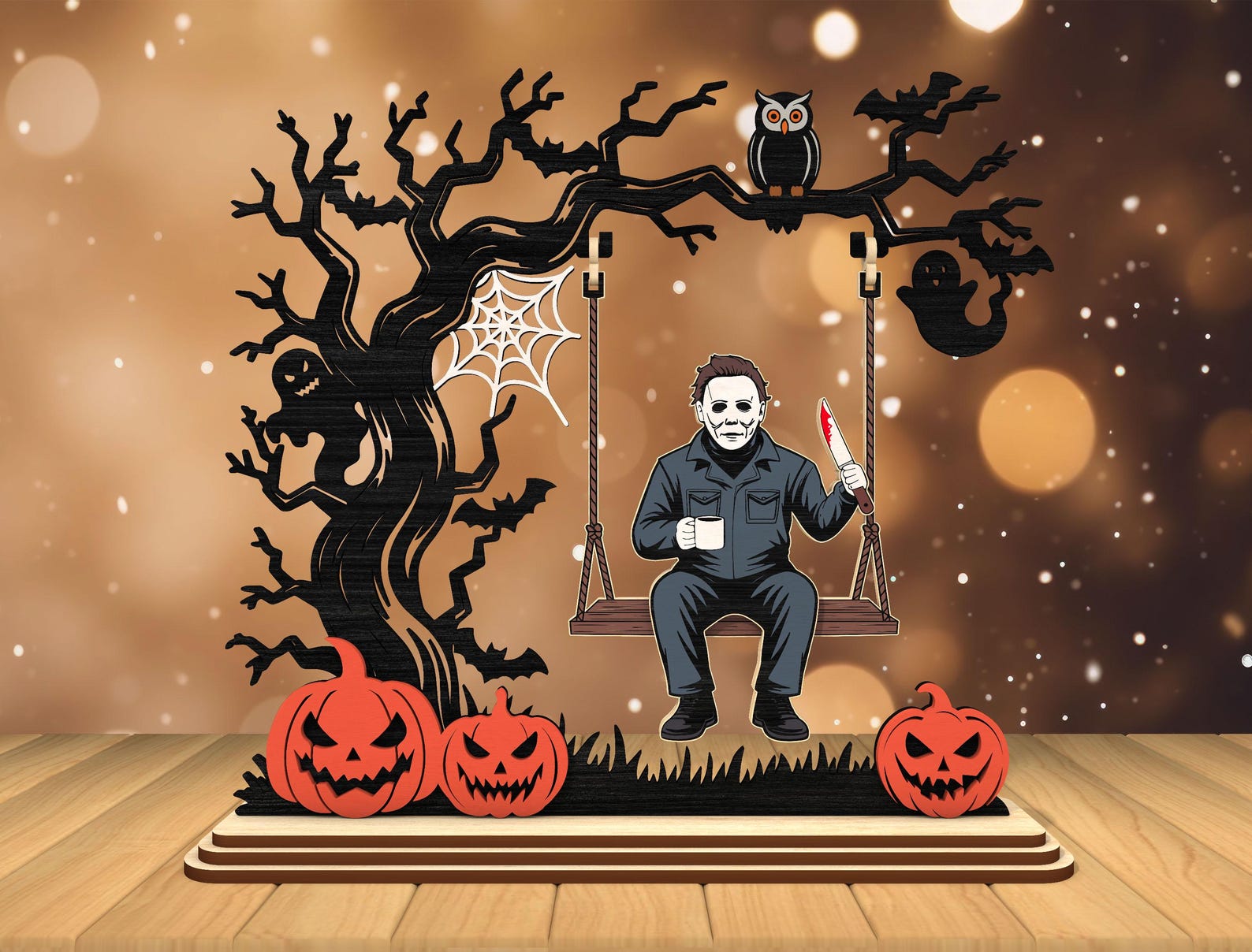 Horror Characters on Swing 3D Laser Cut SVG Bundle, Halloween Table ...