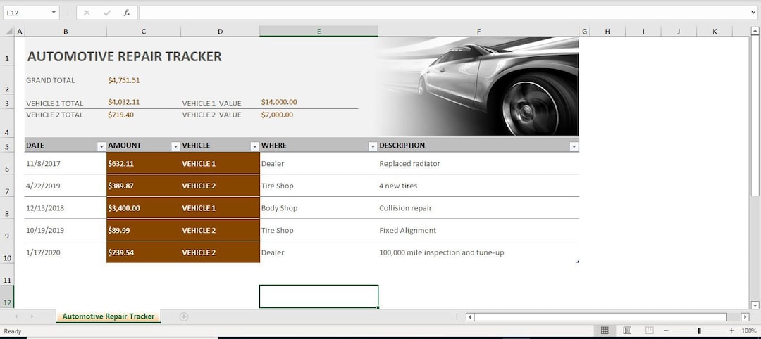 Excel Template Car Repair Tracker - Etsy