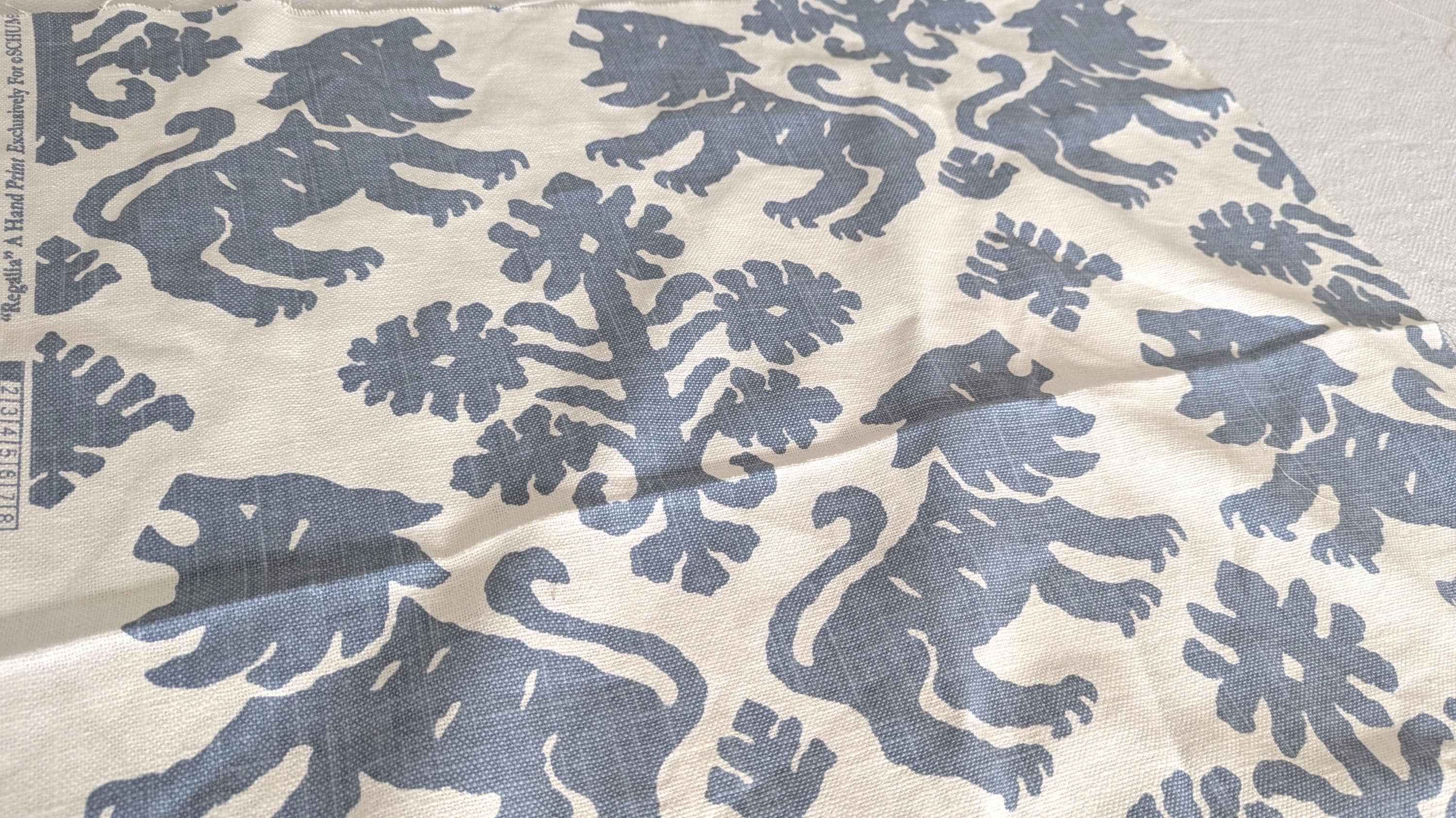 Schumacher Regalia Blue Linen Fabric Remnant: Lion Print Designer ...