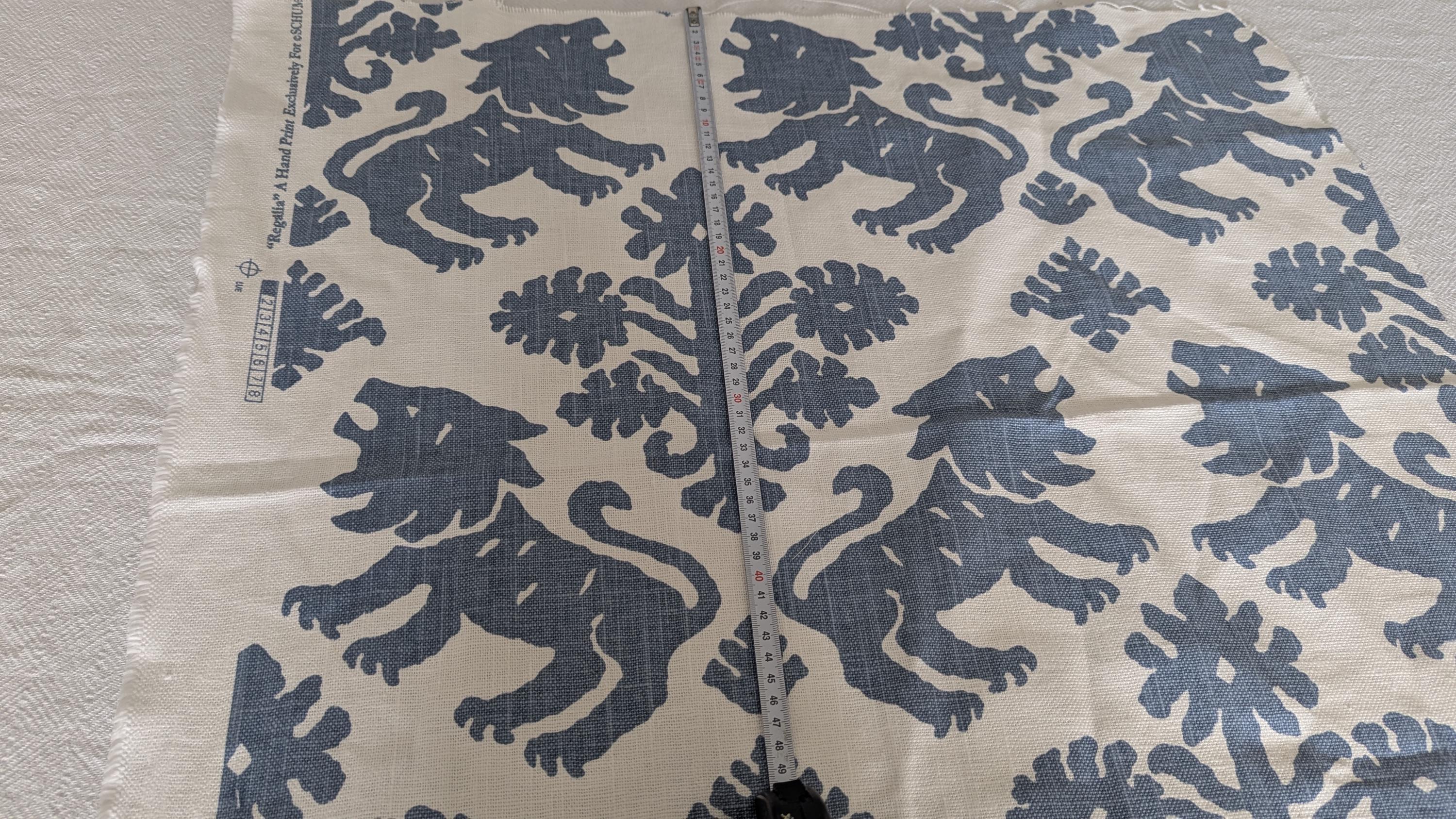 Schumacher Regalia Blue Linen Fabric Remnant: Lion Print Designer ...
