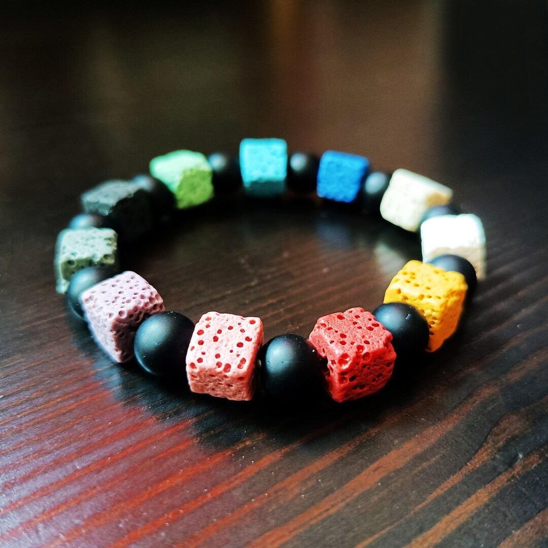 Colorful Square Lava Stone Bracelet, Volcanic Rock Bracelet, Natural ...