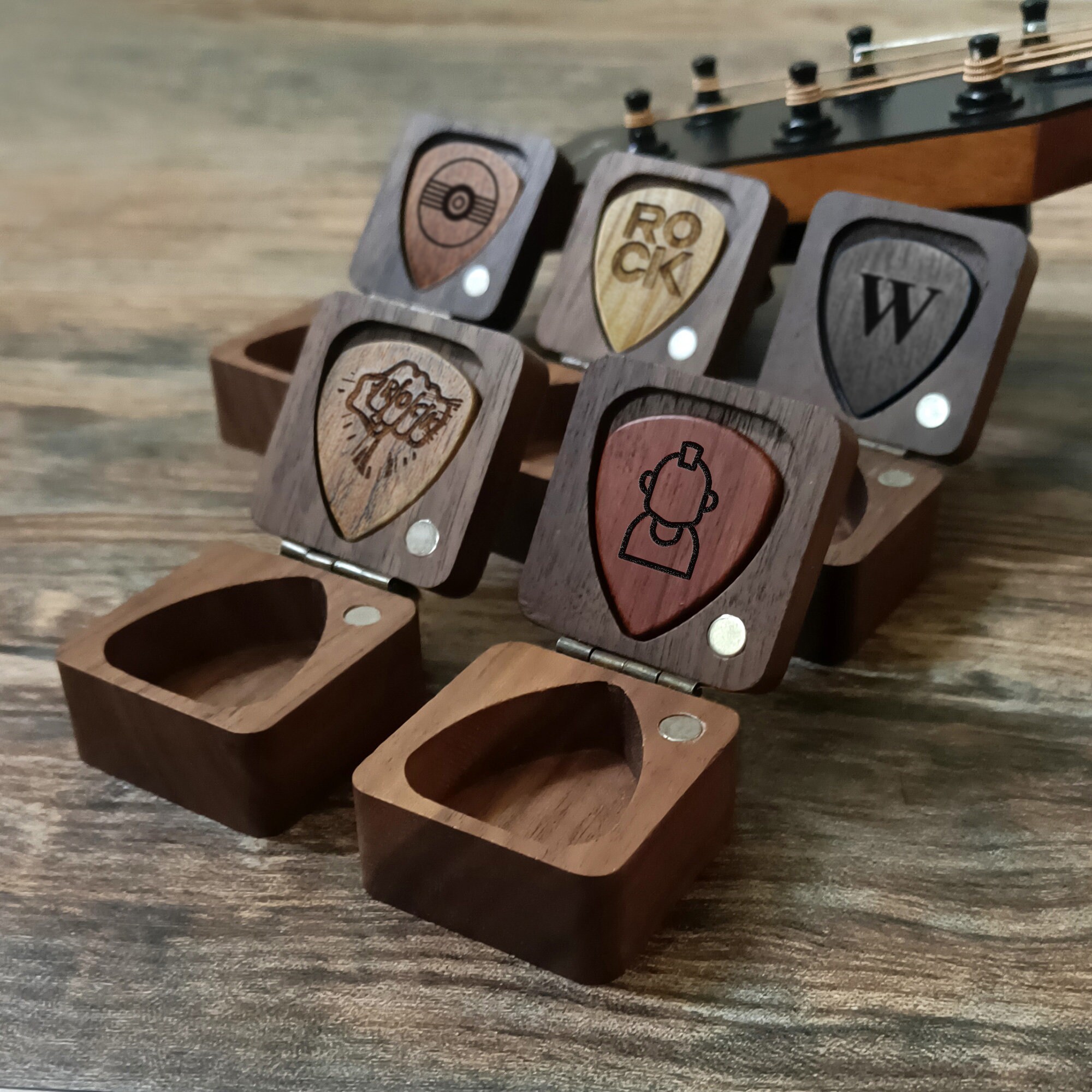 Engraved Wooden Guitar Pick Box, Personalized Pick With Holder, Custom ...