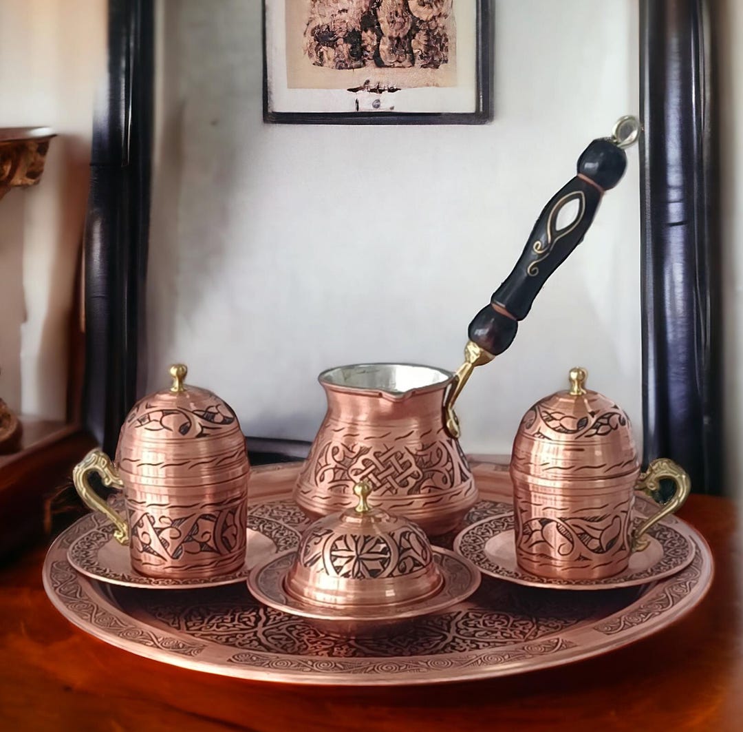 Turkish Copper Coffee Set With Tray and Cups, Traditional Arabic Coffee ...