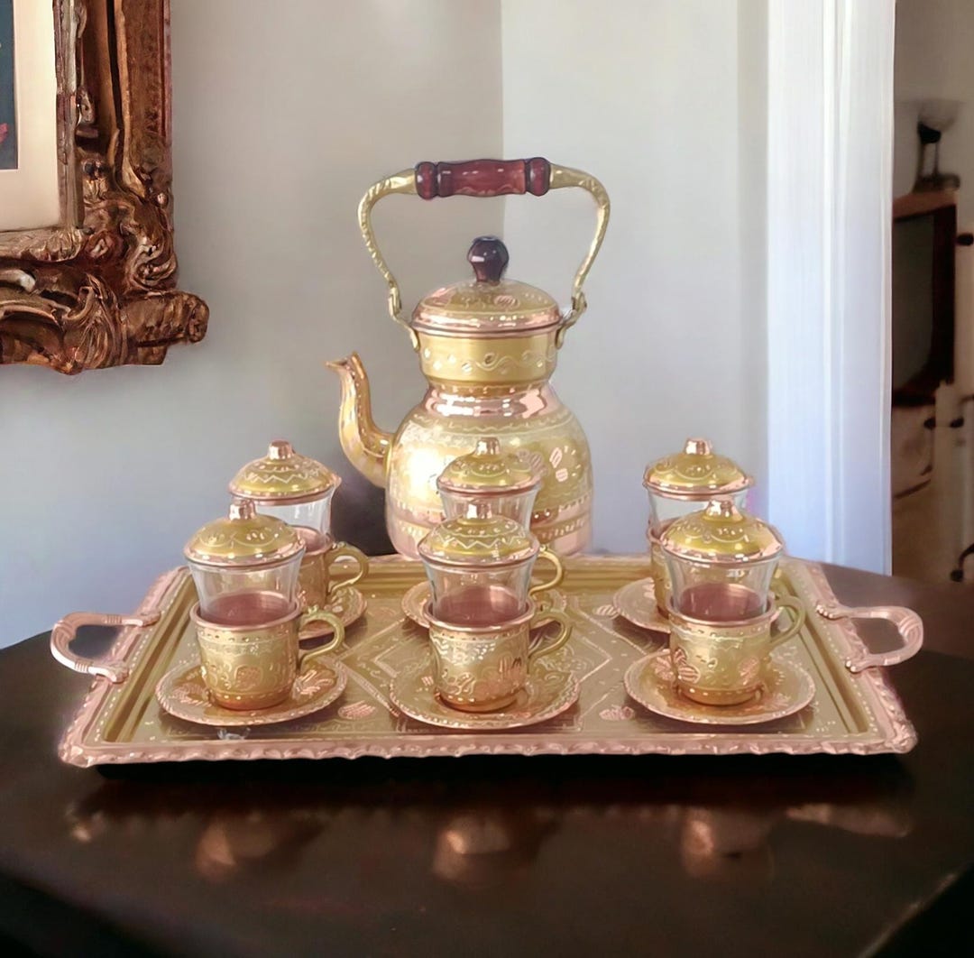 Elegant Turkish Copper Tea Set, Complete Tea Glasses and Teapot With ...