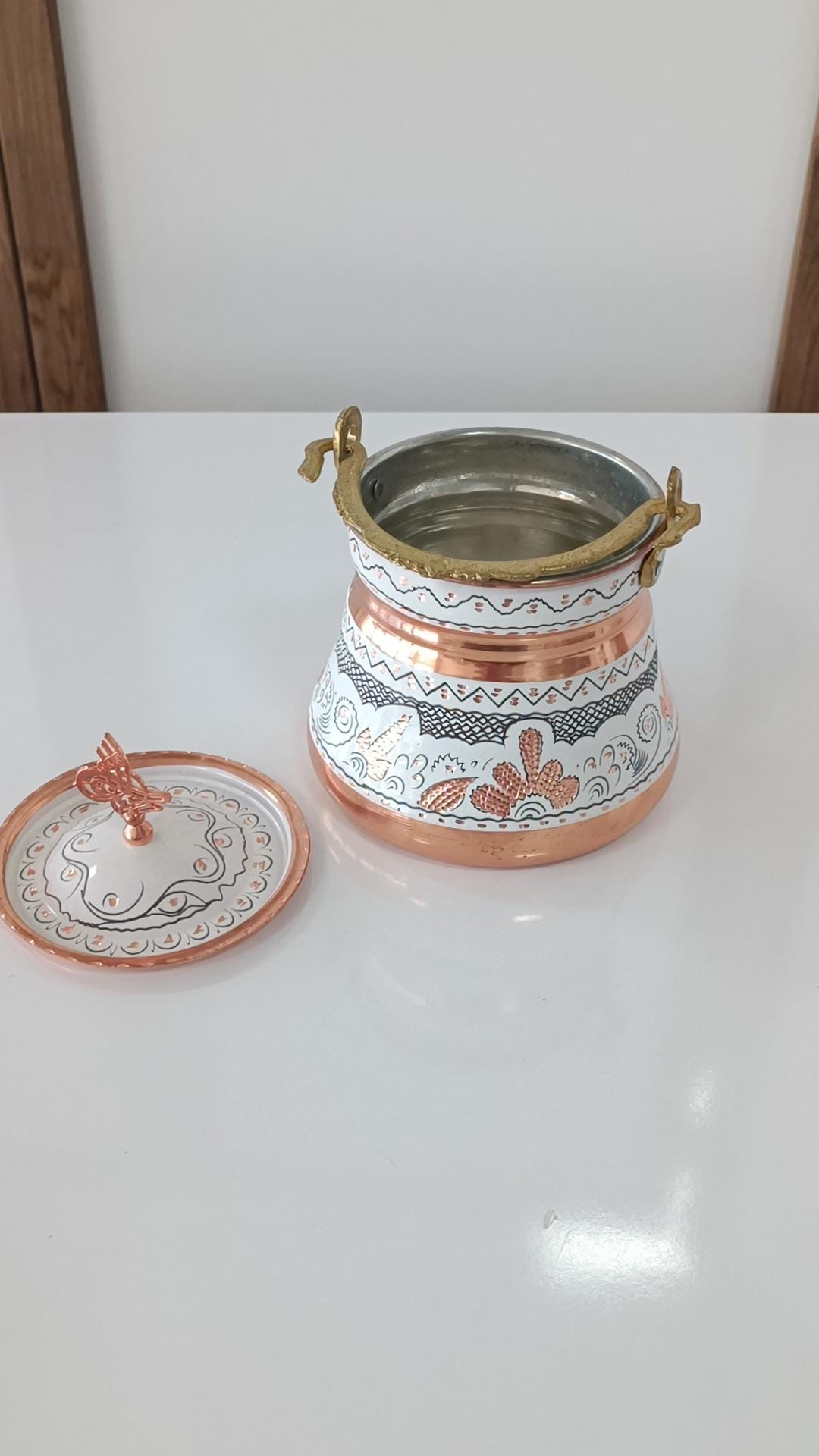 Elegant Copper Bucket With Lid, Handcrafted Turkish Floral Bowl, Unique ...