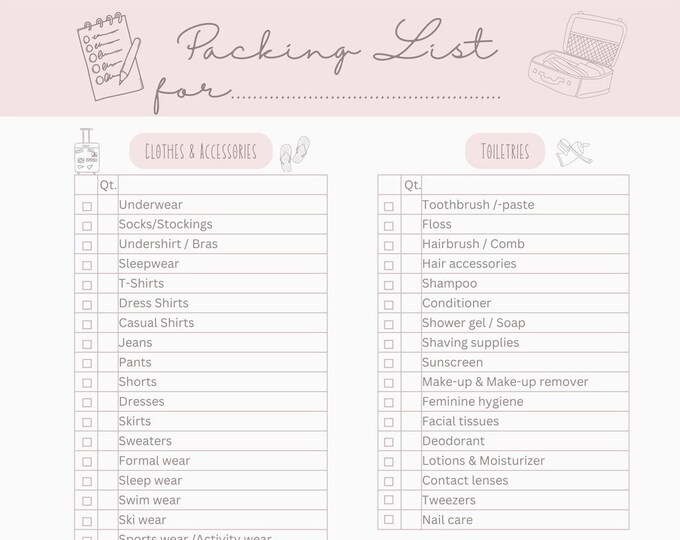 Travelling Packlist Printable Vacation Packing List Pre-vacation To-do ...