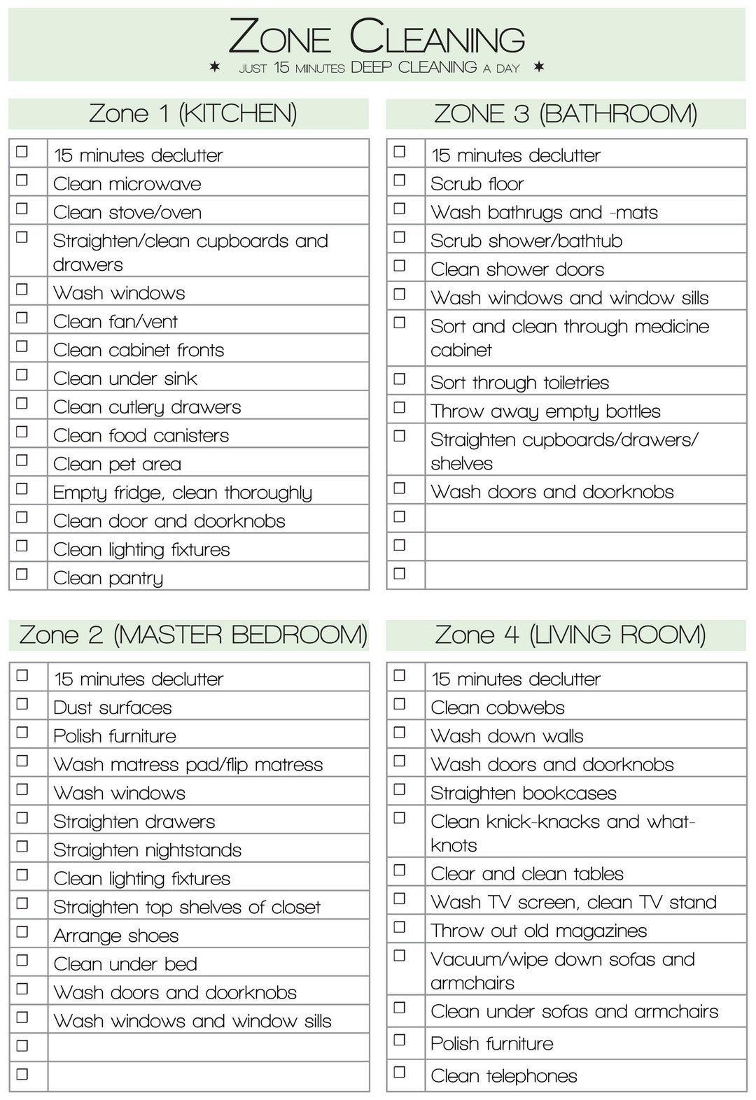 Printable Zone Cleaning Planner|cleaning Planner| Zone Cleaning ...