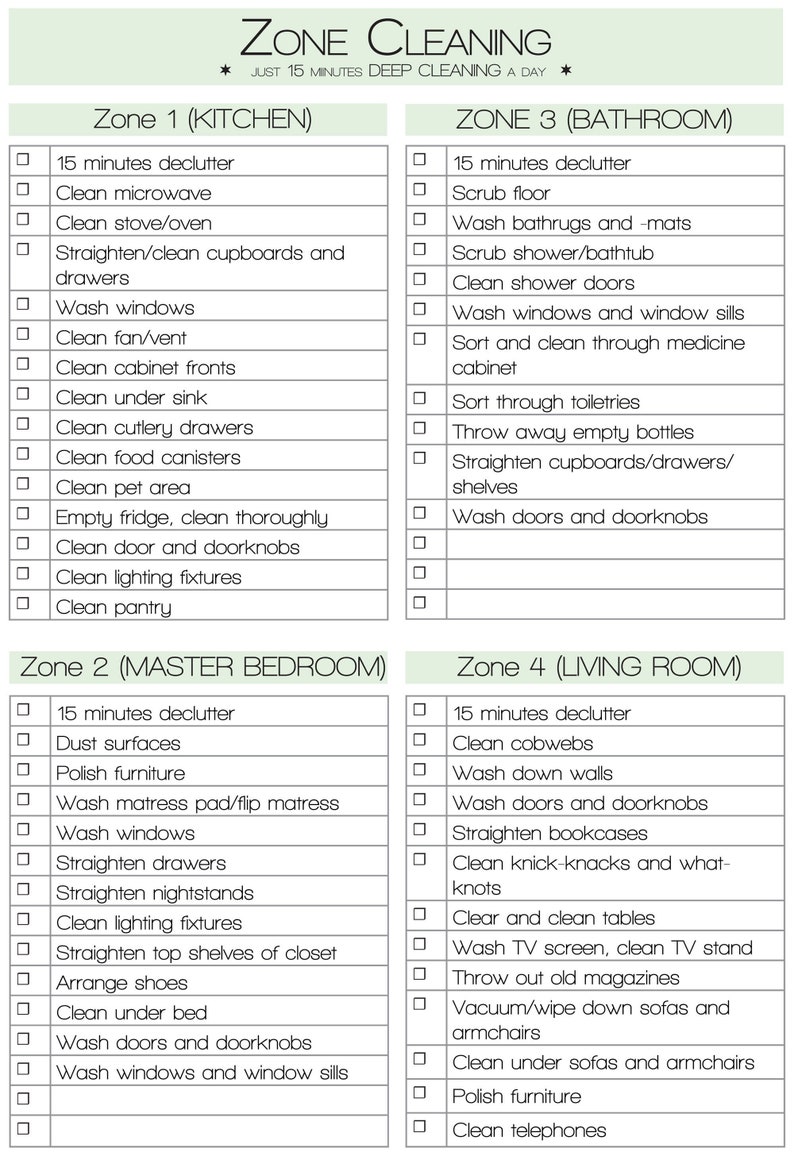 Printable Zone Cleaning Planner|cleaning Planner| Zone Cleaning ...