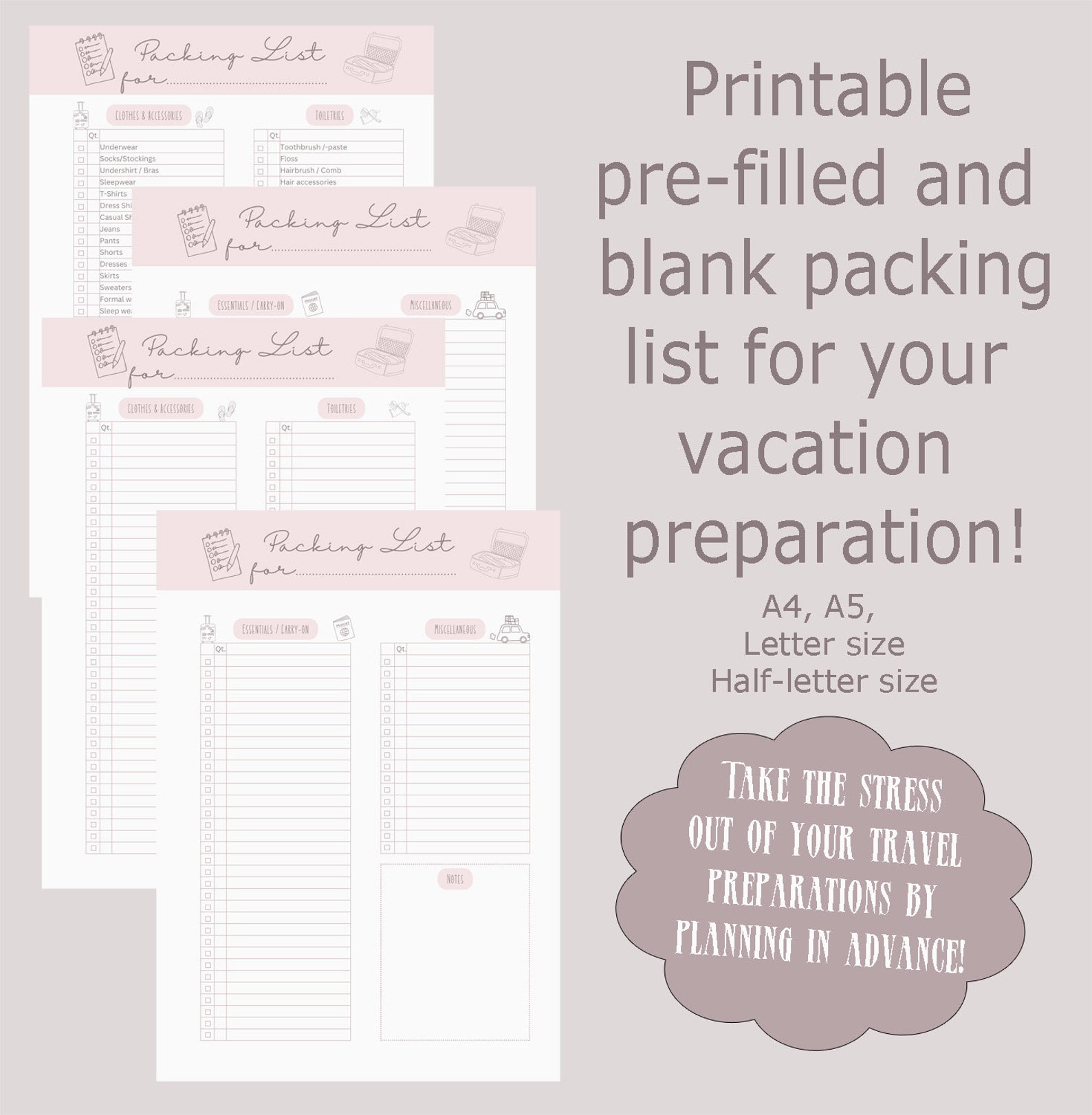 Travelling Packlist | Printable Vacation Packing List | Pre-vacation To ...