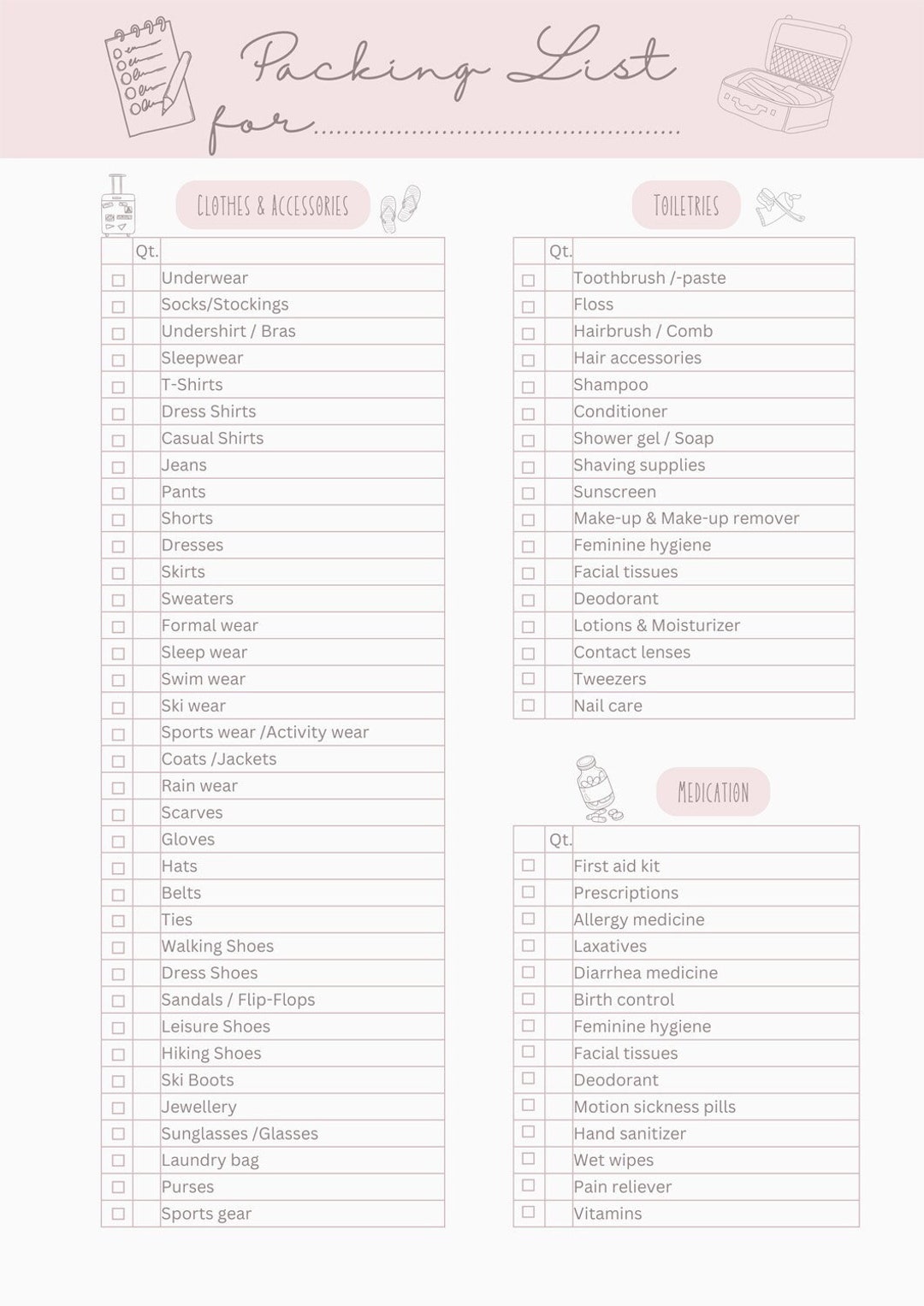 Travelling Packlist | Printable Vacation Packing List | Pre-vacation To ...