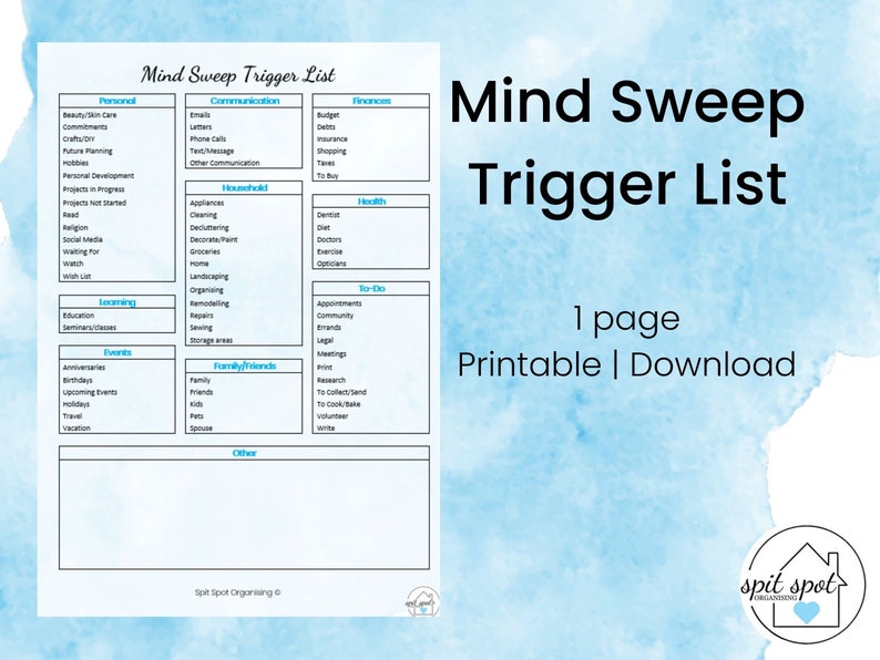 Mind Sweep Trigger List, Brain Dump, Planning, Productivity, Planner ...