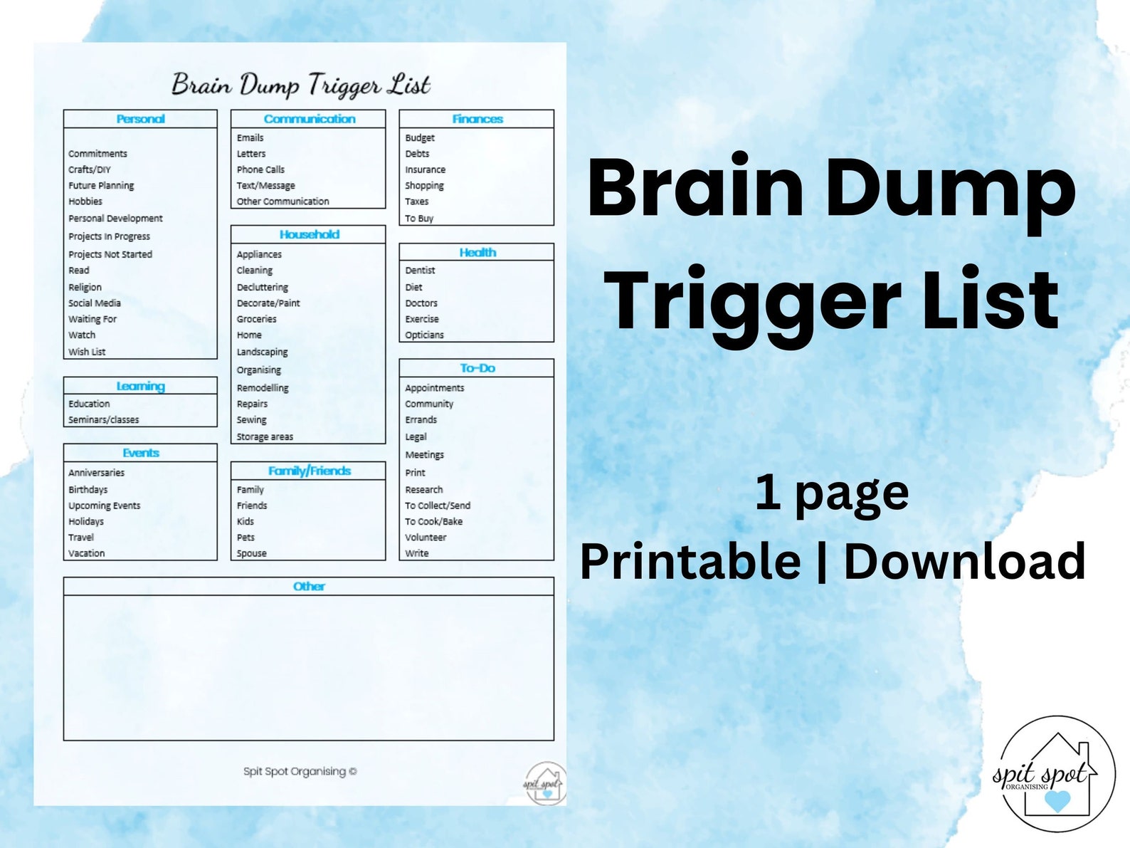 Brain Dump Trigger List, Mind Sweep, Planning, Productivity, Planner ...